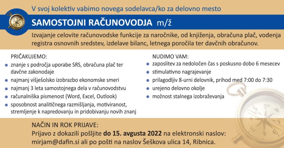 Razpis za delovno mesto Samostojni računovodja | Dafin